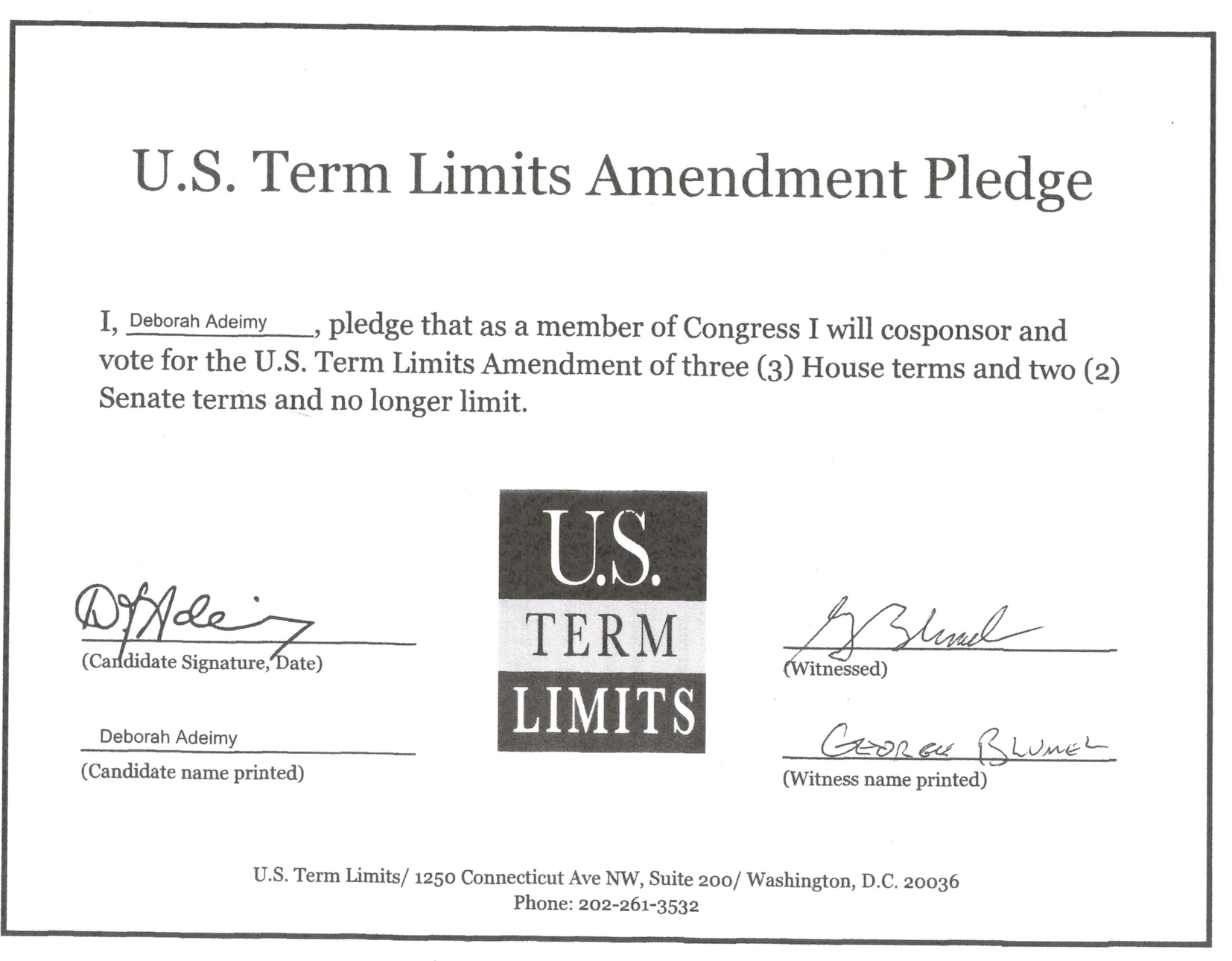 Deborah Adeimy Pledges to Support Term Limits on Congress - U.S. Term ...