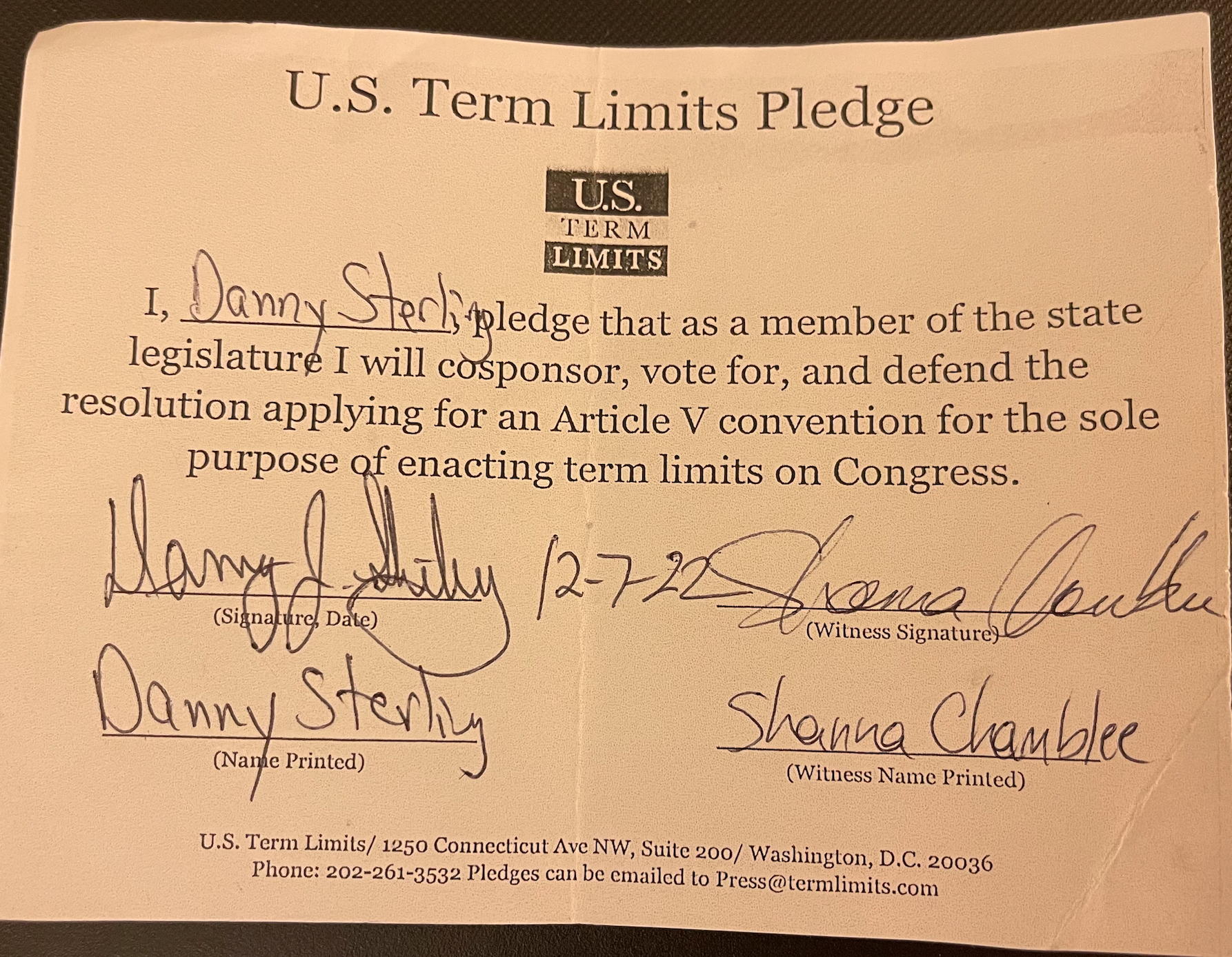 Rep. Danny Sterling Pledges to Support Congressional Term Limits - U.S ...