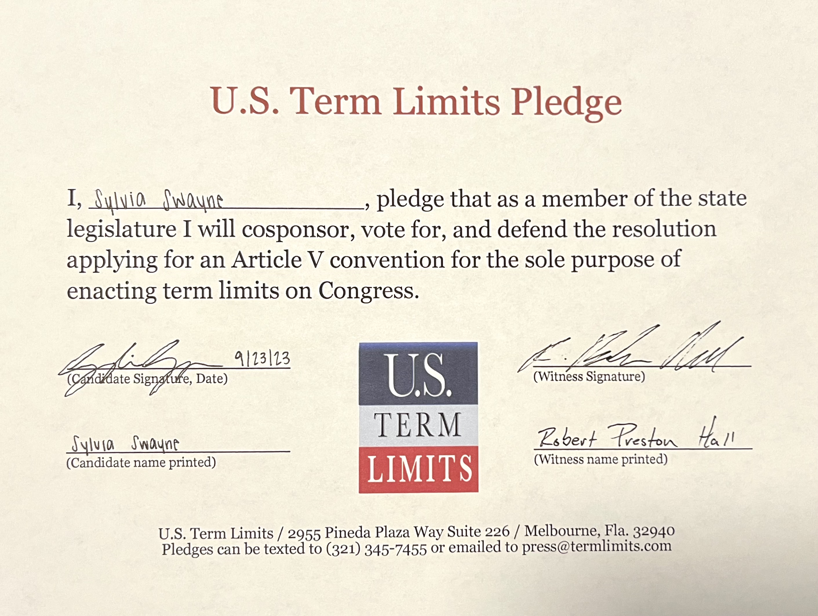 Sylvia Swayne Pledges to Support Congressional Term Limits - U.S. Term ...